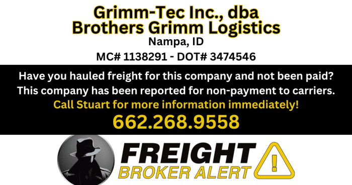 Brothers Grimm Logistics - Freight Broker Alert