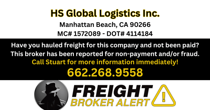 HS Global Logistics Inc - Freight Broker Alert